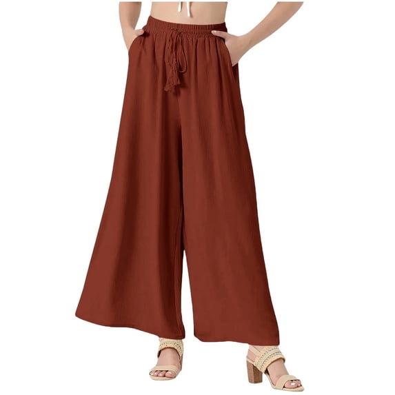 Angala Ladies Casual Pants High Elastic Waist Solid Pants Wide Leg ...
