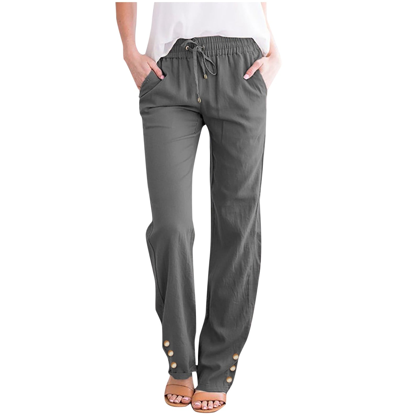 Angala Ladies Casual Pants Solid Pants Slim Straight High Elastic Waist ...