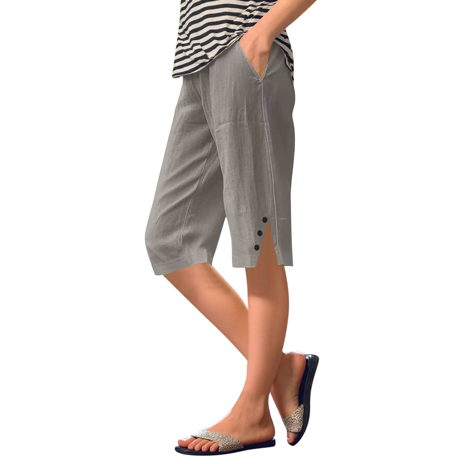 Angala Ladies Casual Pants Straight Leg Short Pants Solid High Elastic ...