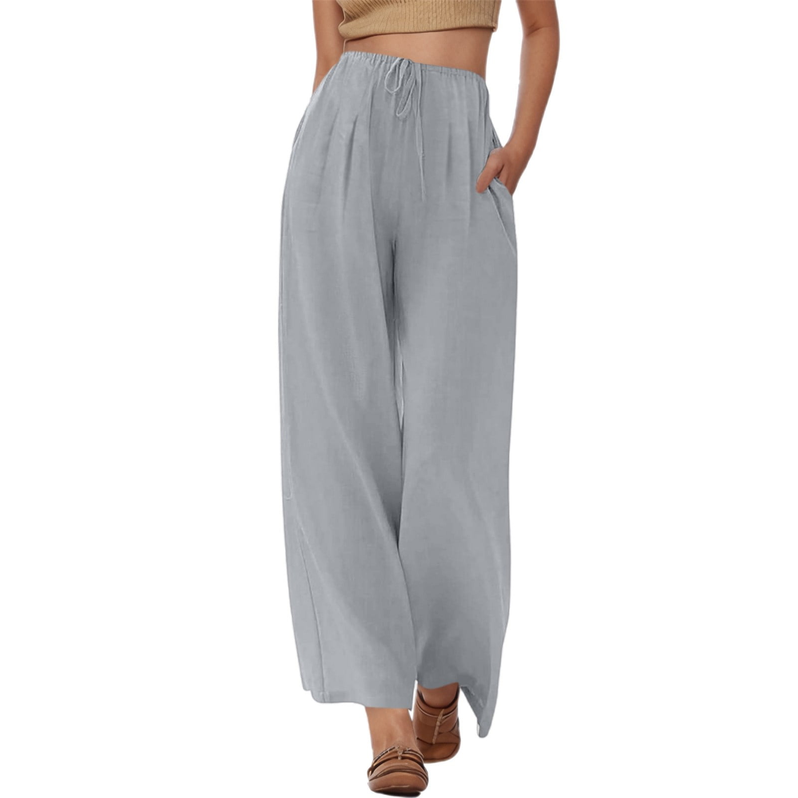 Angala Ladies Pants Loose Pants Solid High Elastic Waist Linen Wide Leg ...