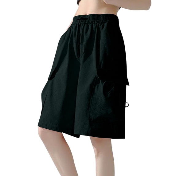 Angala Ladies Pants Solid High Elastic Waist Cargo Short Pants Loose ...