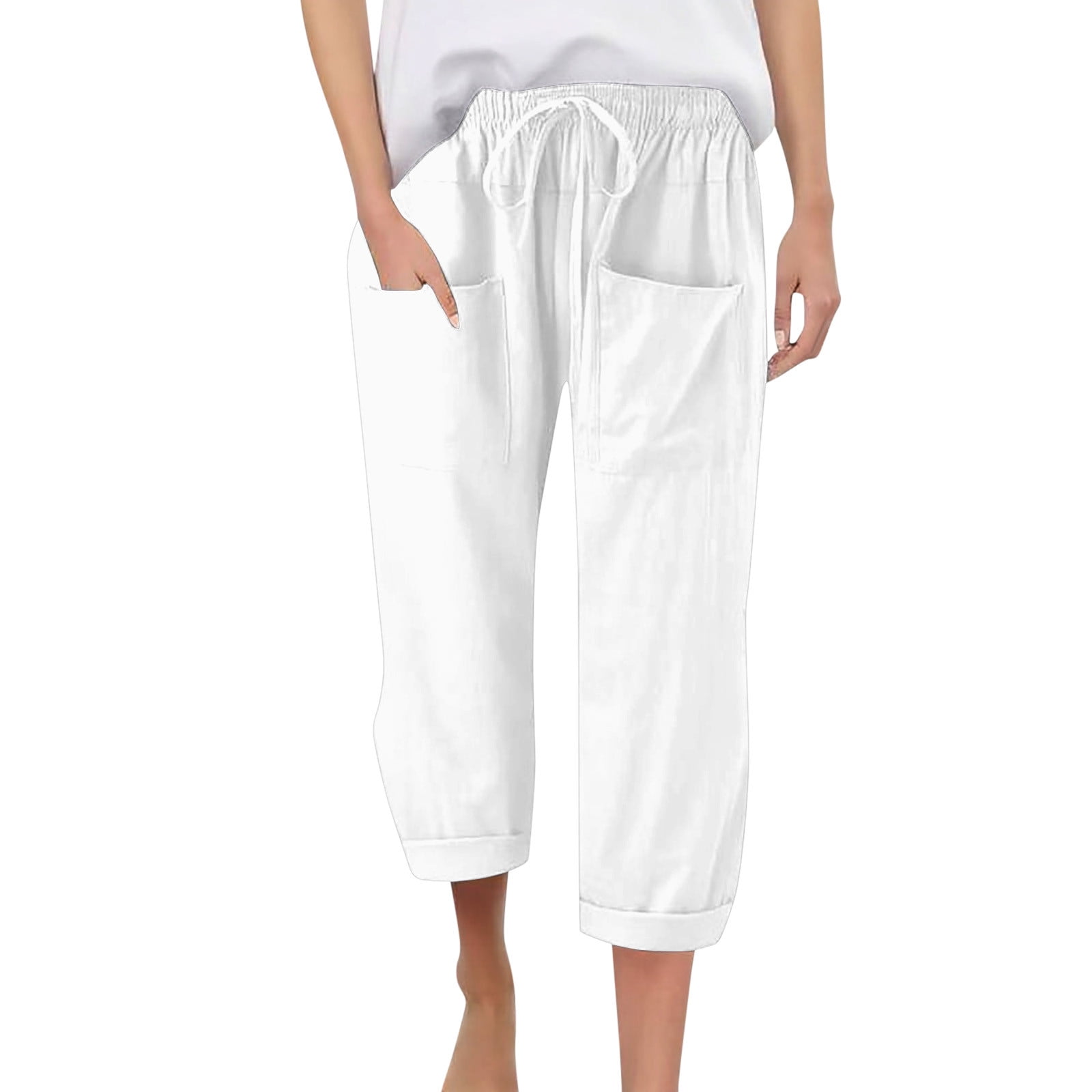 Angala Ladies Pants Solid High Elastic Waist Cropped Pants Straight Leg ...