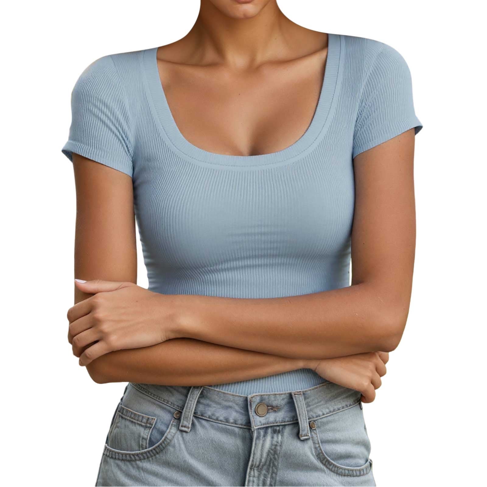 Angala Ladies Shirts Square Neck Short Sleeve Solid Color Blouse Summer ...