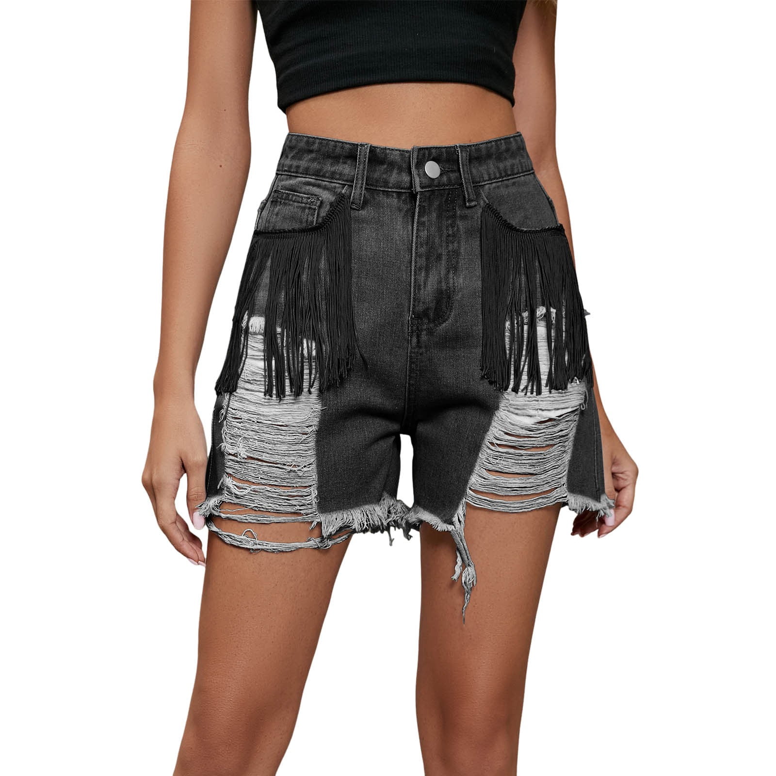 Angala Ladies Shorts Solid Color High Waisted Tassels Jean Shorts ...