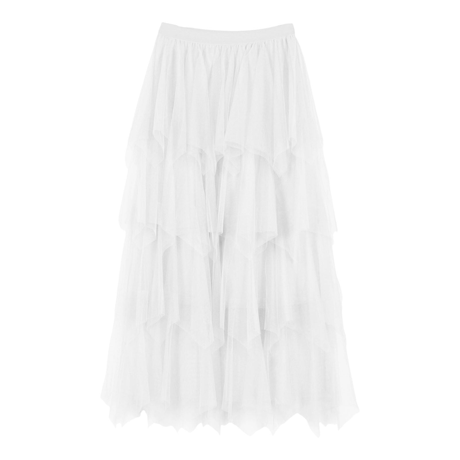Angala Ladies Skirts Elastic High Waist Mesh Tiered Maxi Skirts Solid ...