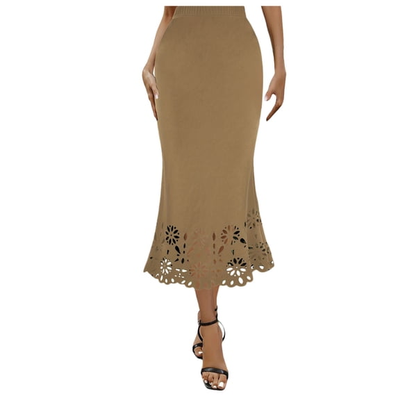 Angala Ladies Skirts Maxi Skirts Solid High Waist Floral Hollow Hem ...
