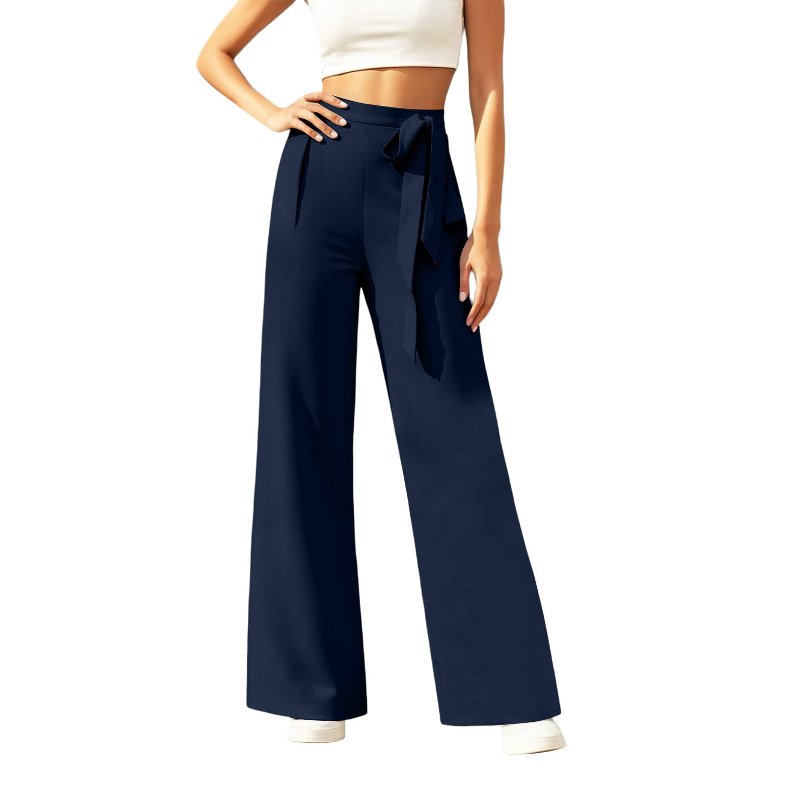 Angala Ladies Summer Pants High Drop Waist Solid Flat Front Pants Wide ...