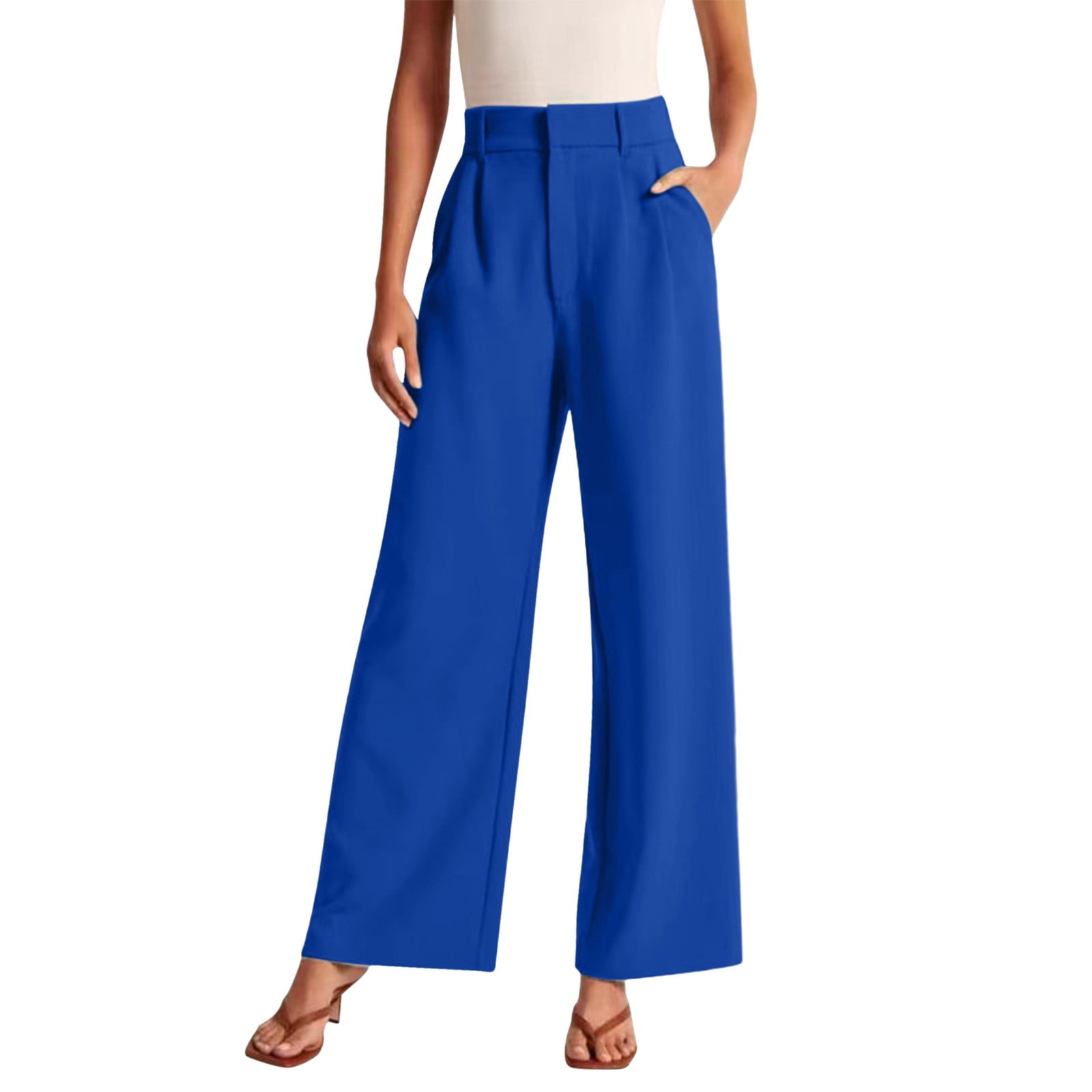 Angala Ladies Summer Pants High Elastic Waist Flat Front Pants Straight ...