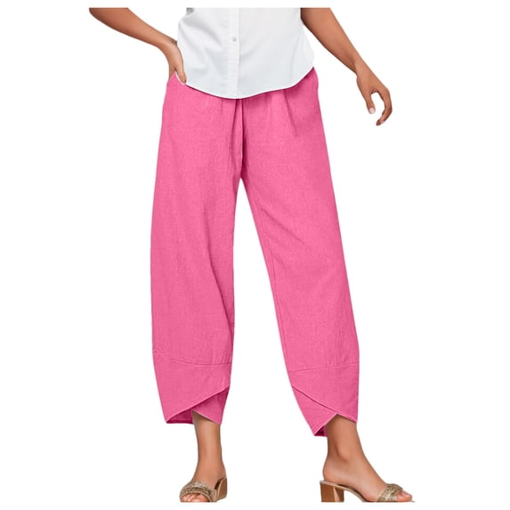 Angala Ladies Summer Pants Solid Ankle Pants Loose High Elastic Waist ...
