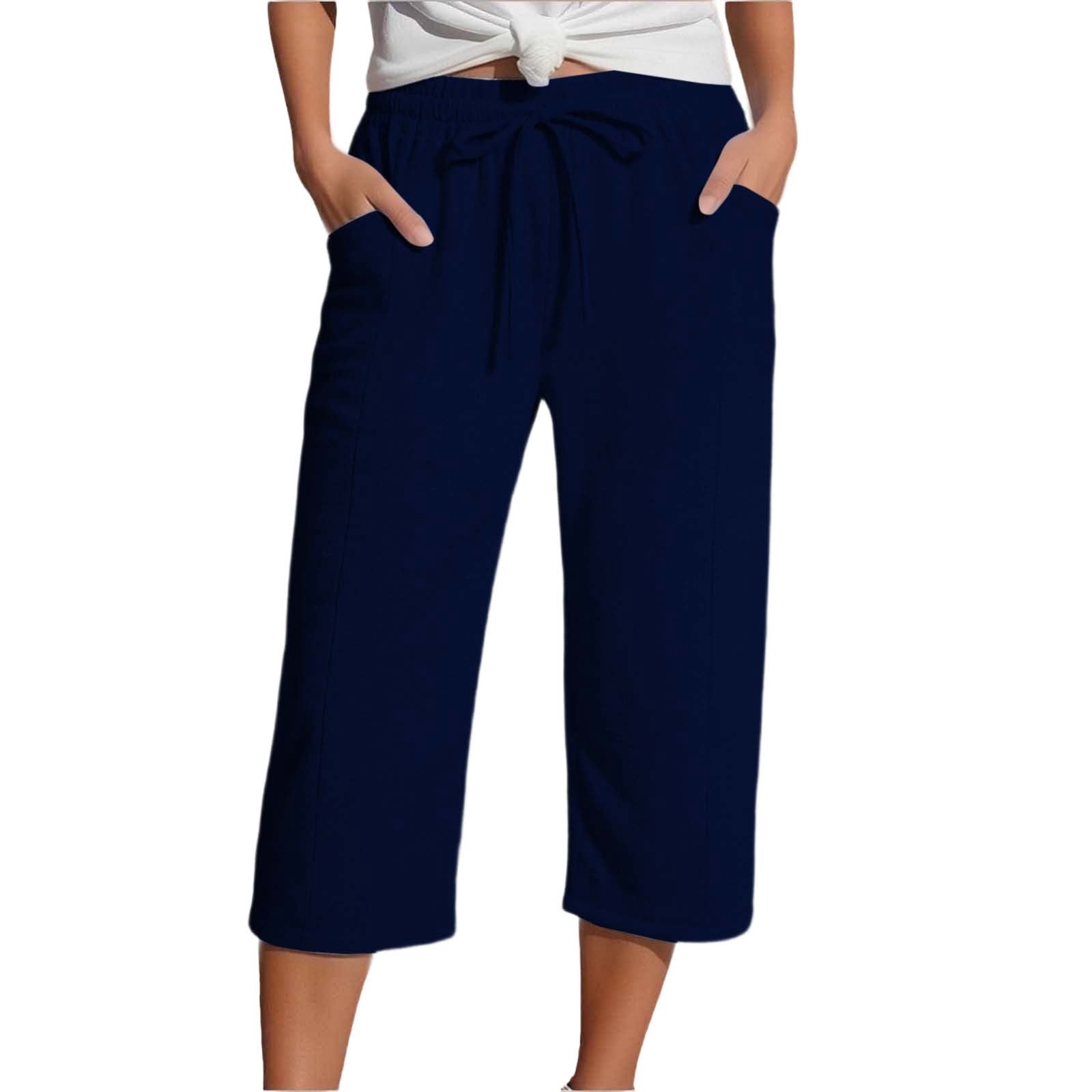 Angala Ladies Summer Pants Solid Cropped Pants Loose High Elastic Waist ...