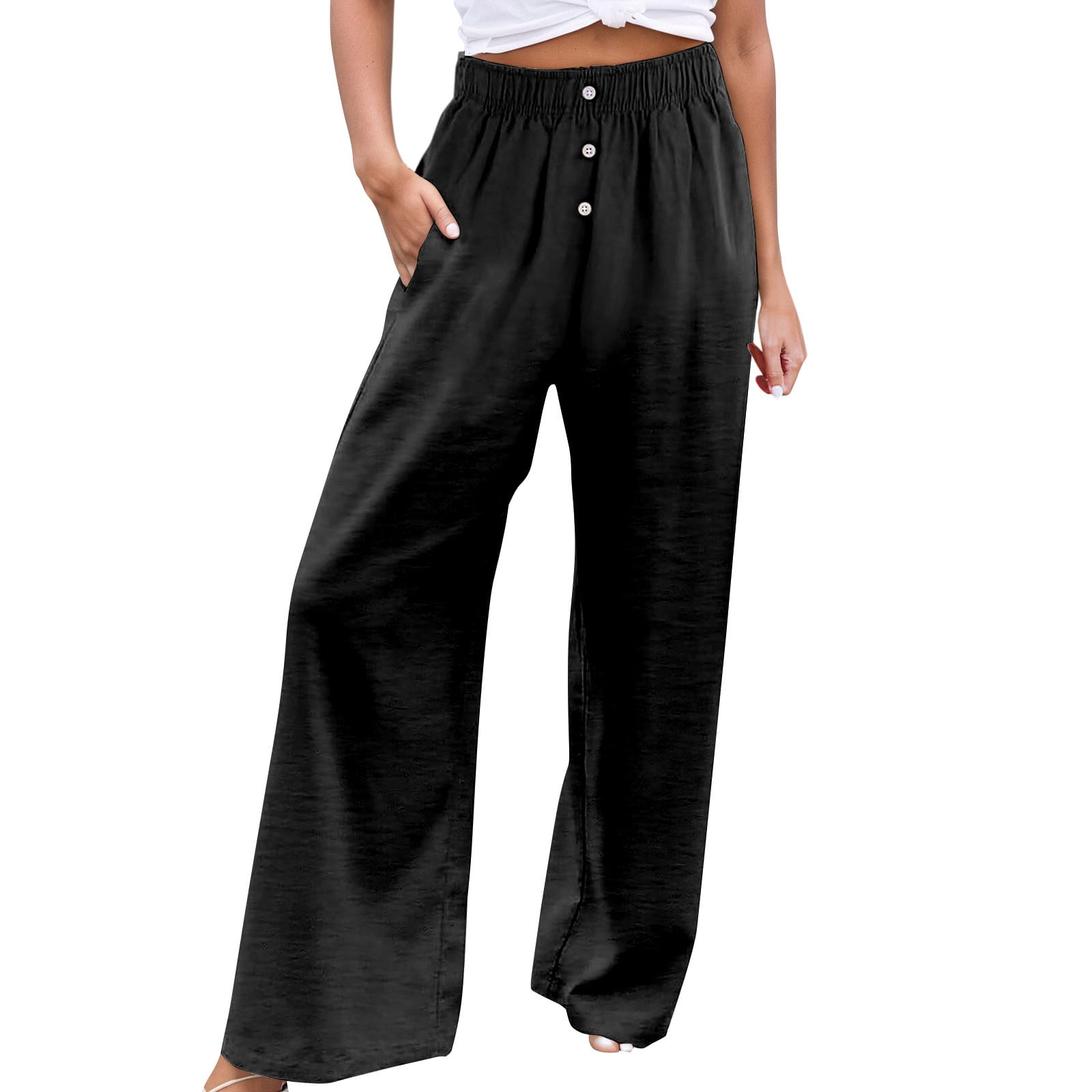 Angala Ladies Summer Pants Solid High Elastic Waist Button Palazzo ...