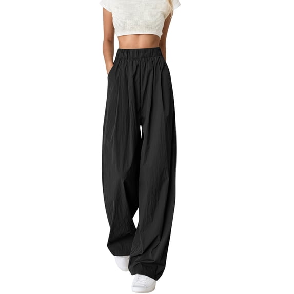 Angala Ladies Summer Pants Wide Leg Pants Solid High Elastic Waist ...