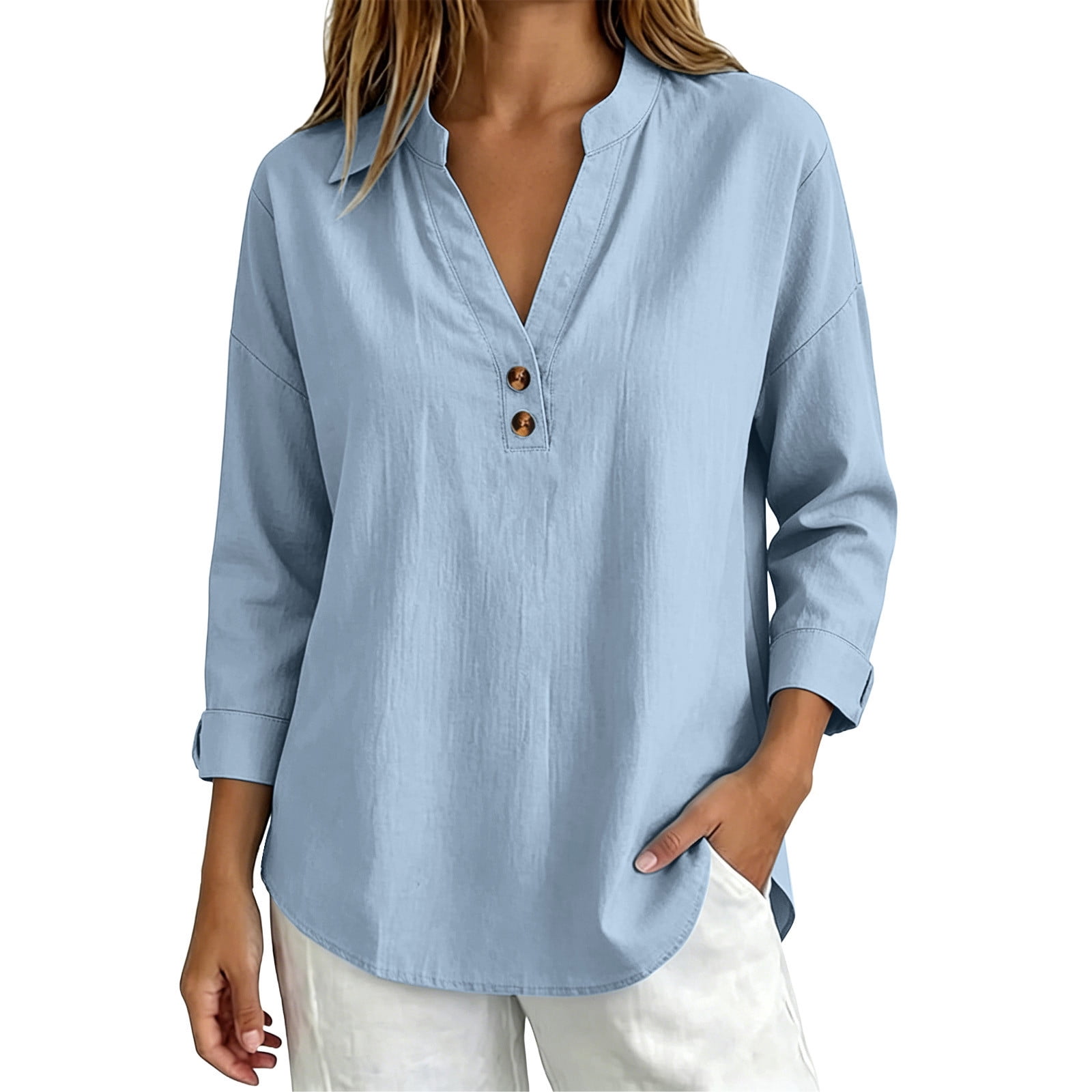 Angala Ladies T Shirts Lapel V Neck Long Sleeve Solid Color Button ...