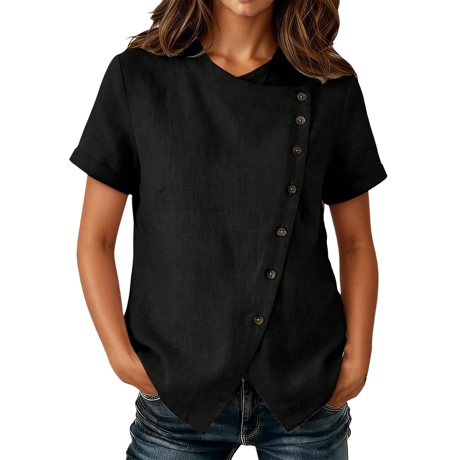 Angala Ladies T Shirts V Neck Short Sleeve Solid Button Down Blouse ...
