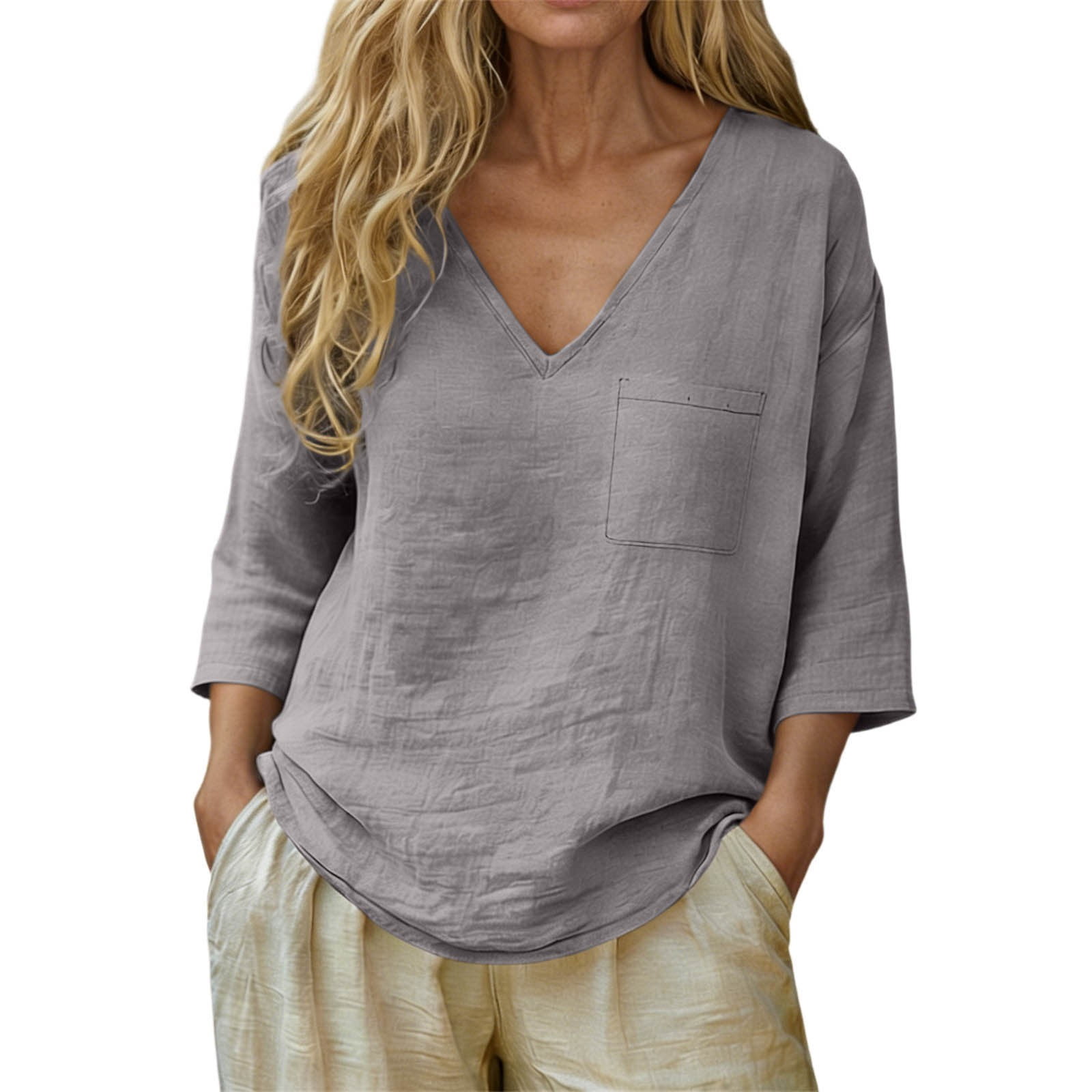 Angala Ladies Top V Neck Long Sleeve Blouse Solid Summer Loose Fit ...