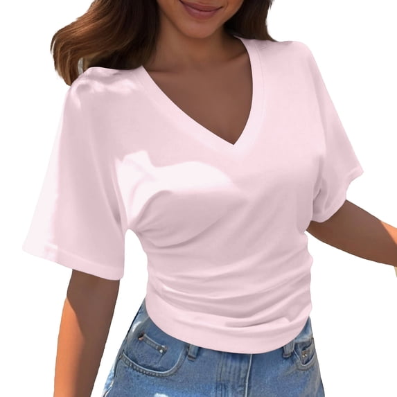Angala Ladies Top V Neck Short Sleeve Blouse Solid Summer Fashion ...
