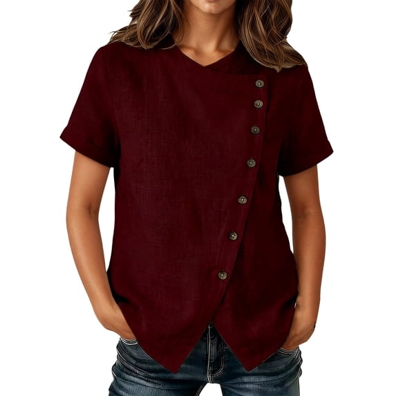 Angala Ladies Top V Neck Short Sleeve Solid Button Down Blouse Summer ...