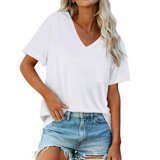 Angala Ladies Top V Neck Short Sleeve Solid Color Blouse Summer Casual ...