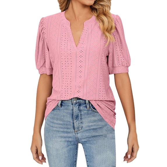 Angala Ladies Top V Neck Short Sleeve Solid Color Blouse Summer ...