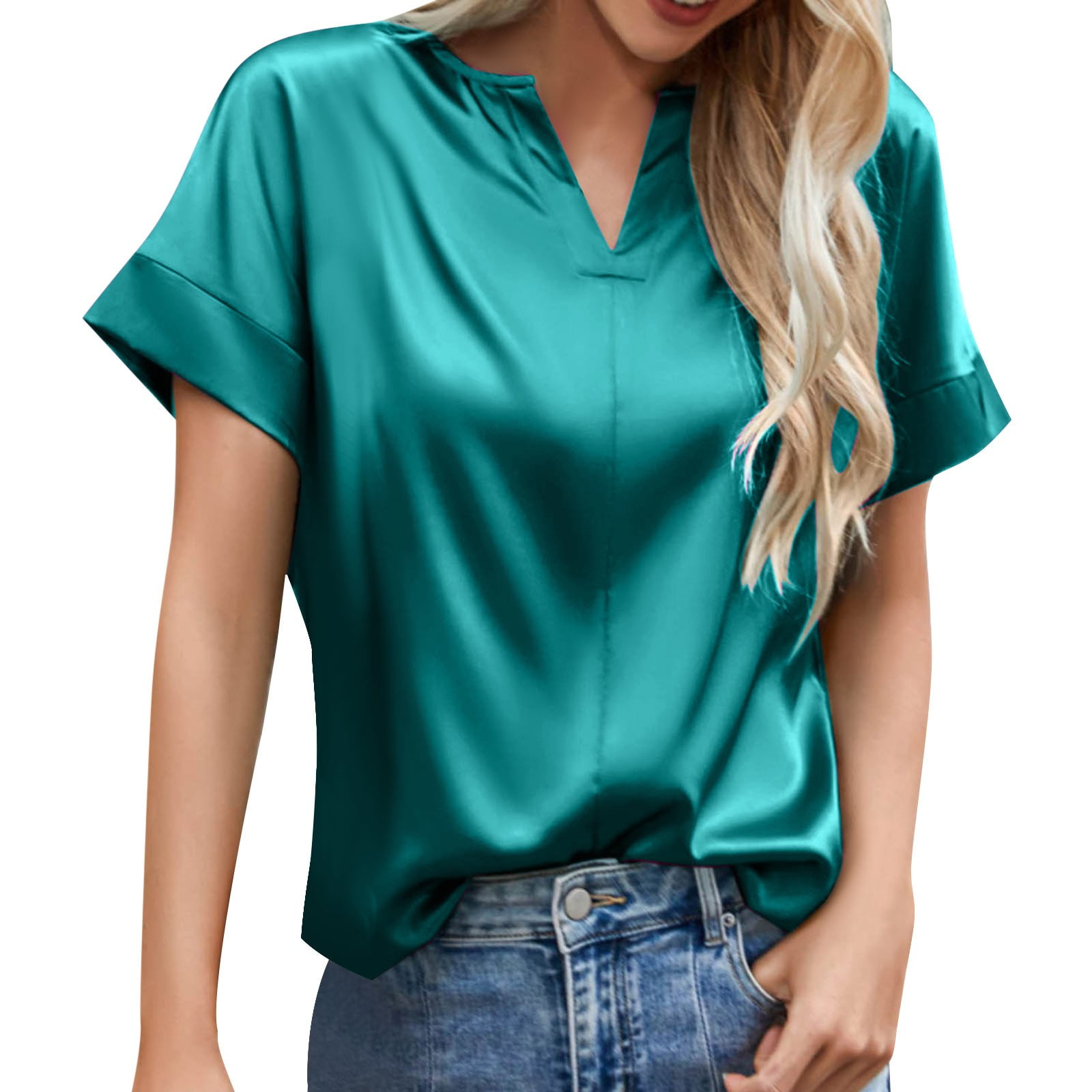 Angala Ladies Top V Neck Short Sleeve Solid Color Blouse Summer Silk ...