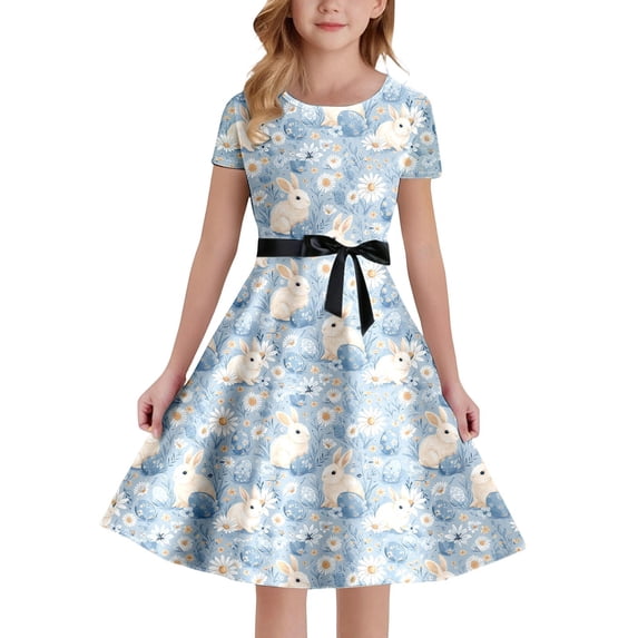 Angala Little Girls Dresses Bunny Print A Line Midi Dresses Crew Neck ...