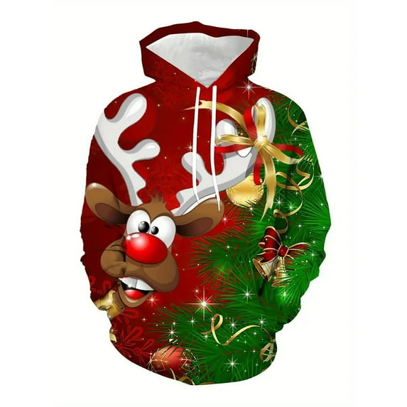 Angala Men's Christmas 3D Reindeer Print Casual Long Sleeved Hooded ...