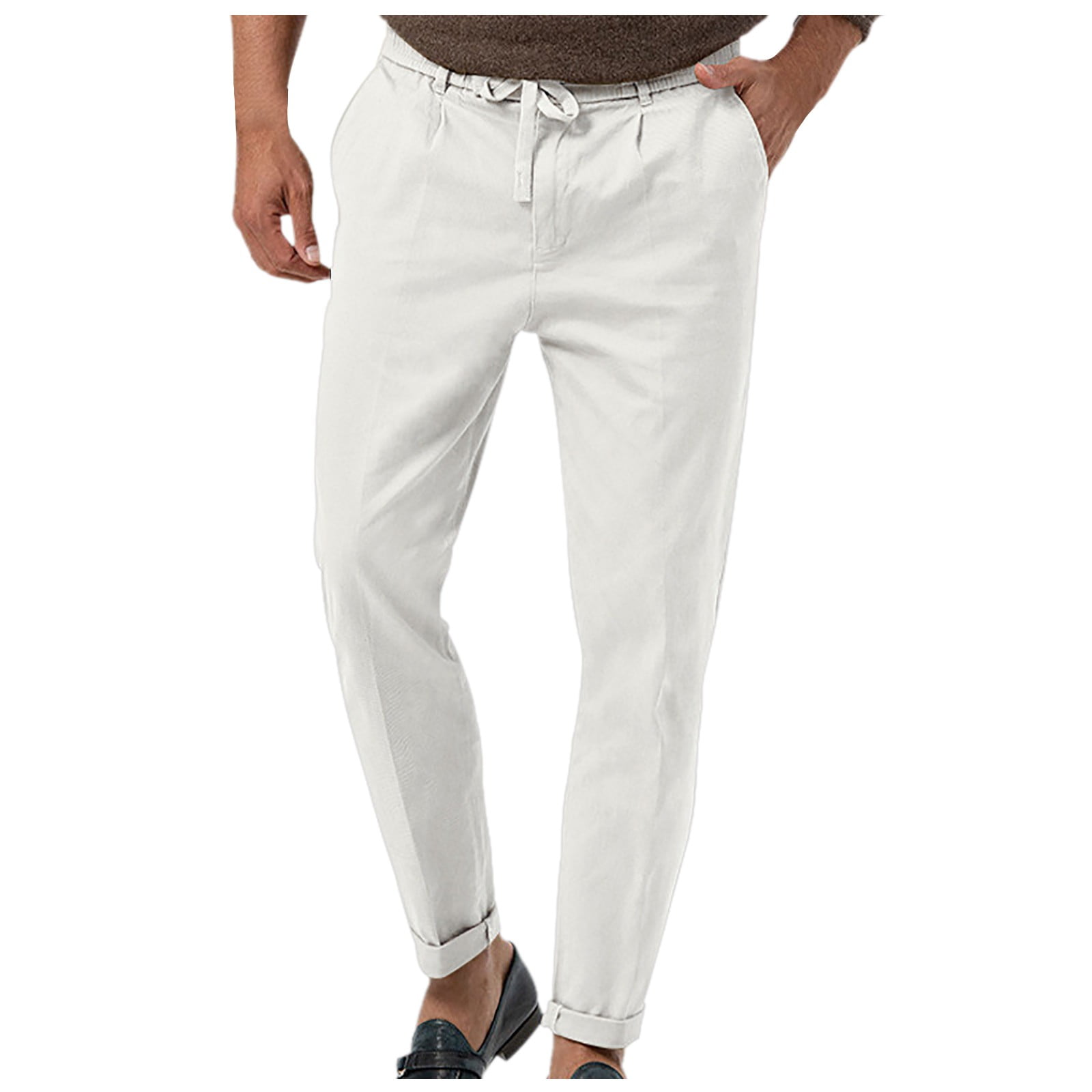 Angala Mens Casual Pants Elastic Waist Ankle Pants Solid Slim Straight ...