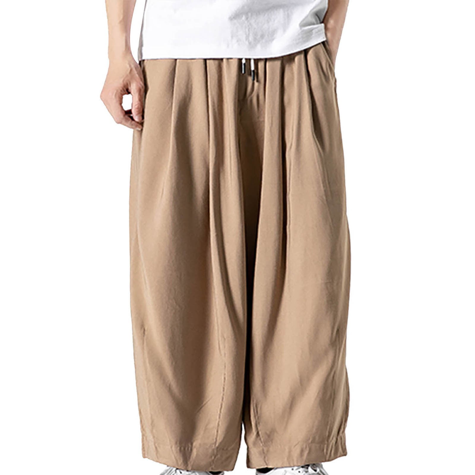 Angala Mens Casual Pants Elastic Waist Culottes Pants Solid Loose ...
