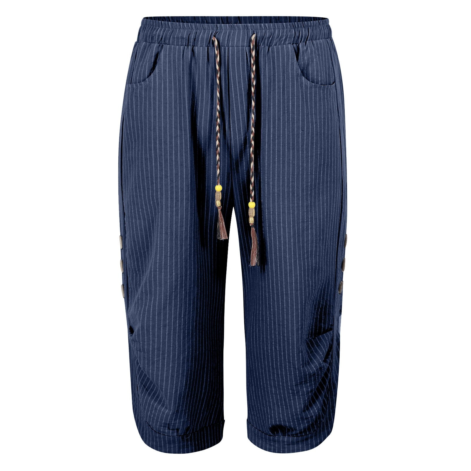 Angala Mens Summer Pants Elastic Waist Cropped Pants Striped Loose Wide ...