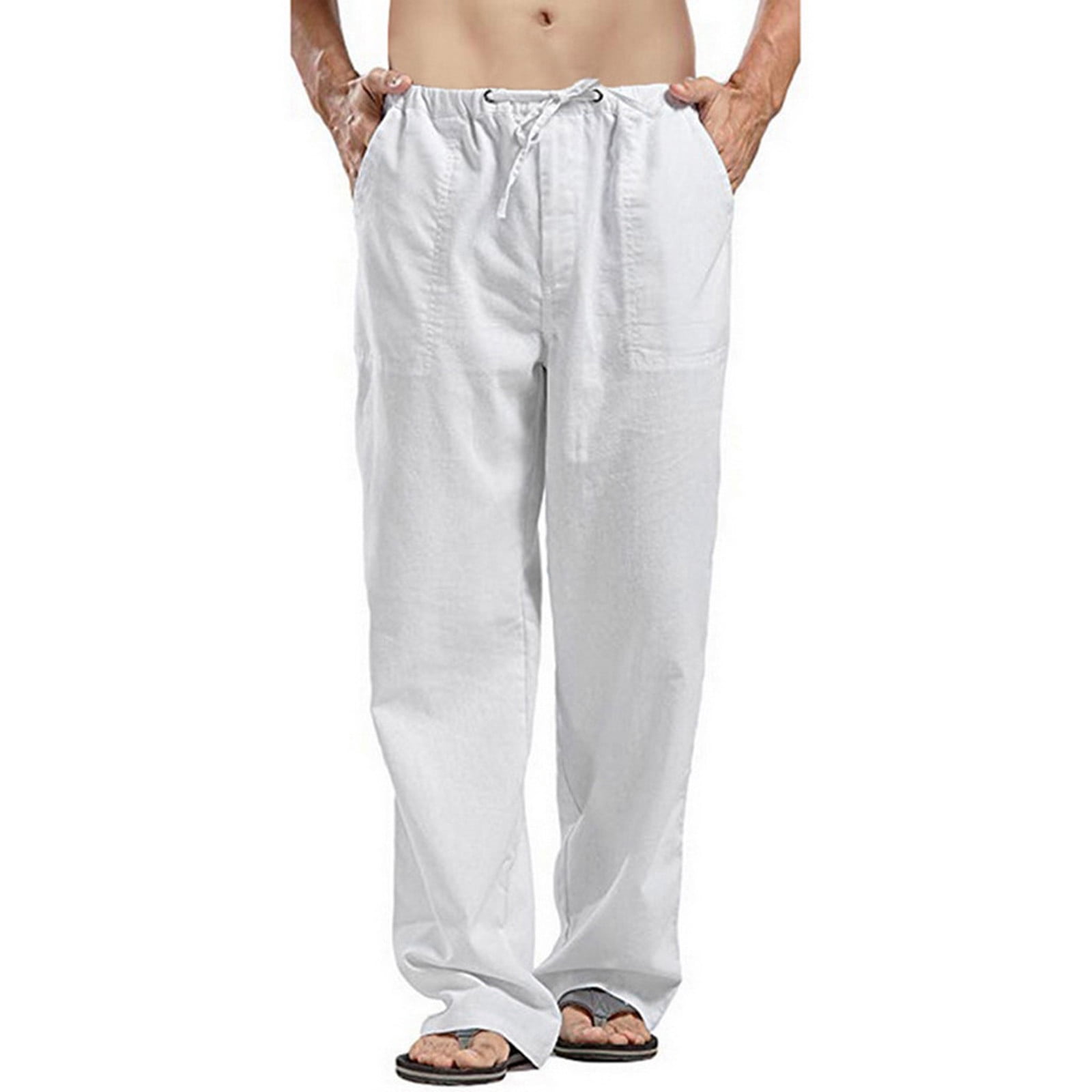 Angala Mens Summer Pants Elastic Waist Pants Solid Wide Leg Fashion ...