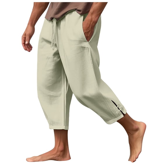 Angala Mens Summer Pants Solid Cropped Pants Elastic Waist Relaxed ...