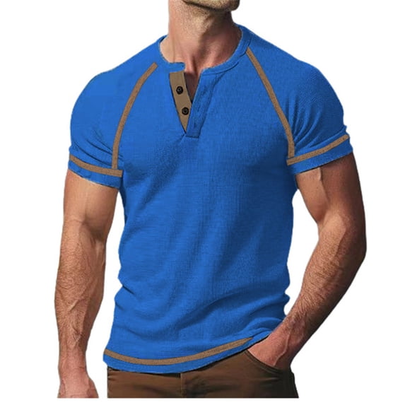Angala Mens Tops V Neck Short Sleeve Solid Color Button Summer Slim ...