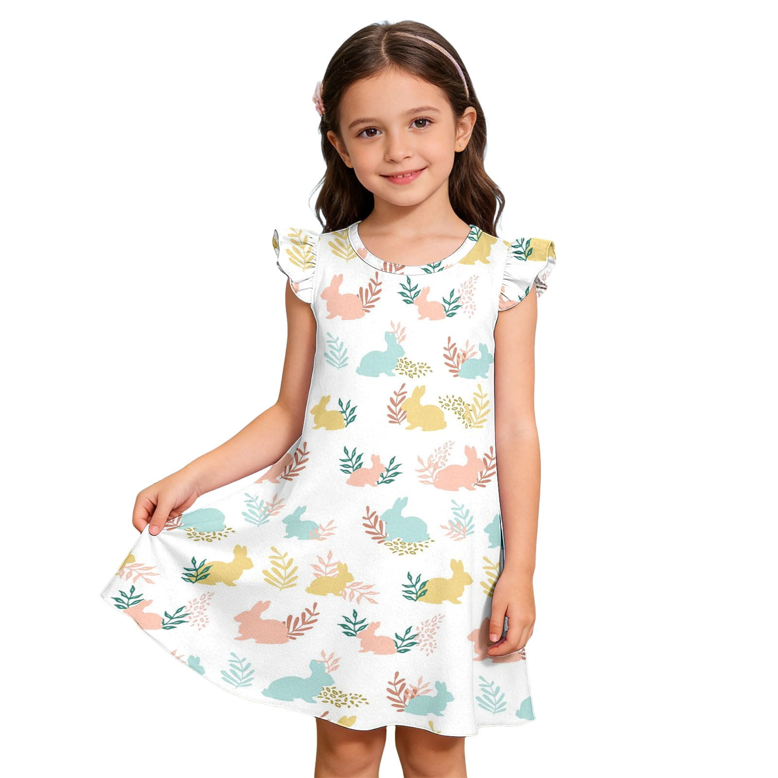 Angala Toddler Girls Dresses Cartoon Print Midi Dresses Crew Neck ...