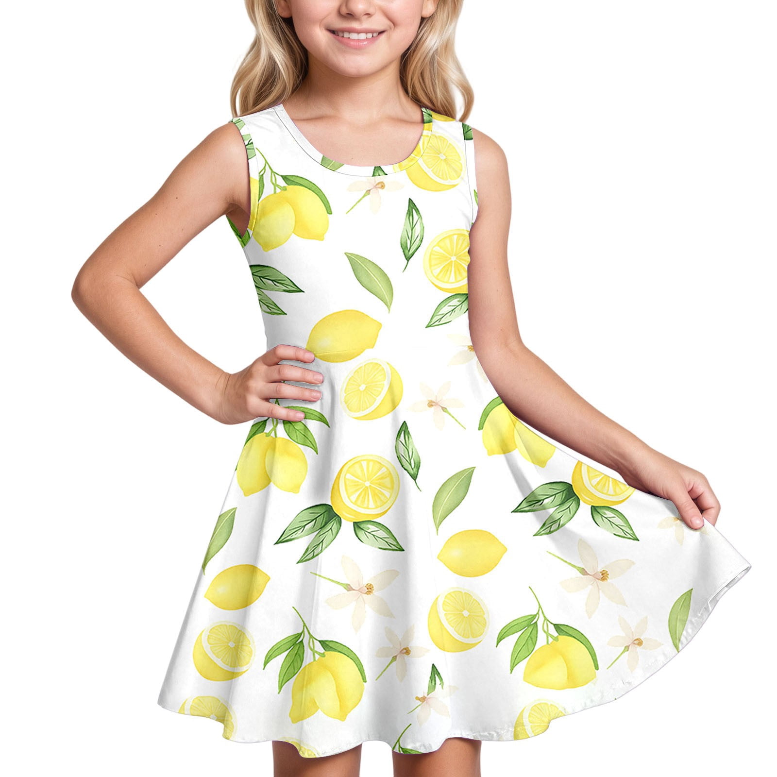 Angala Toddler Girls Dresses Crew Neck A Line Dresses Sleeveless Lemon ...