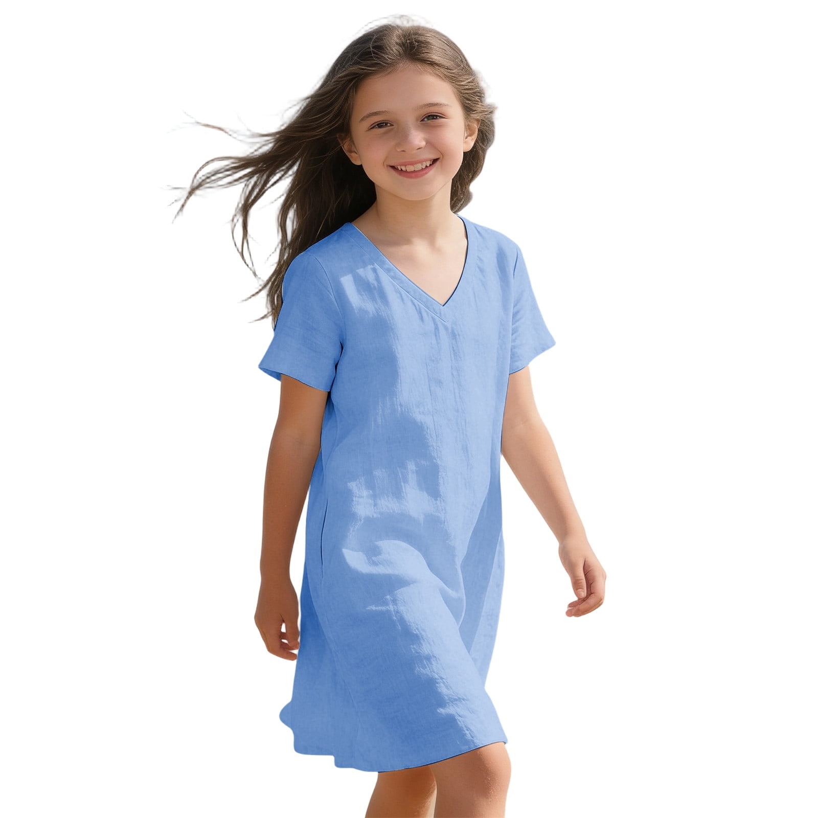 Angala Toddler Girls Dresses Shift Dresses Short Sleeve V Neck Solid ...