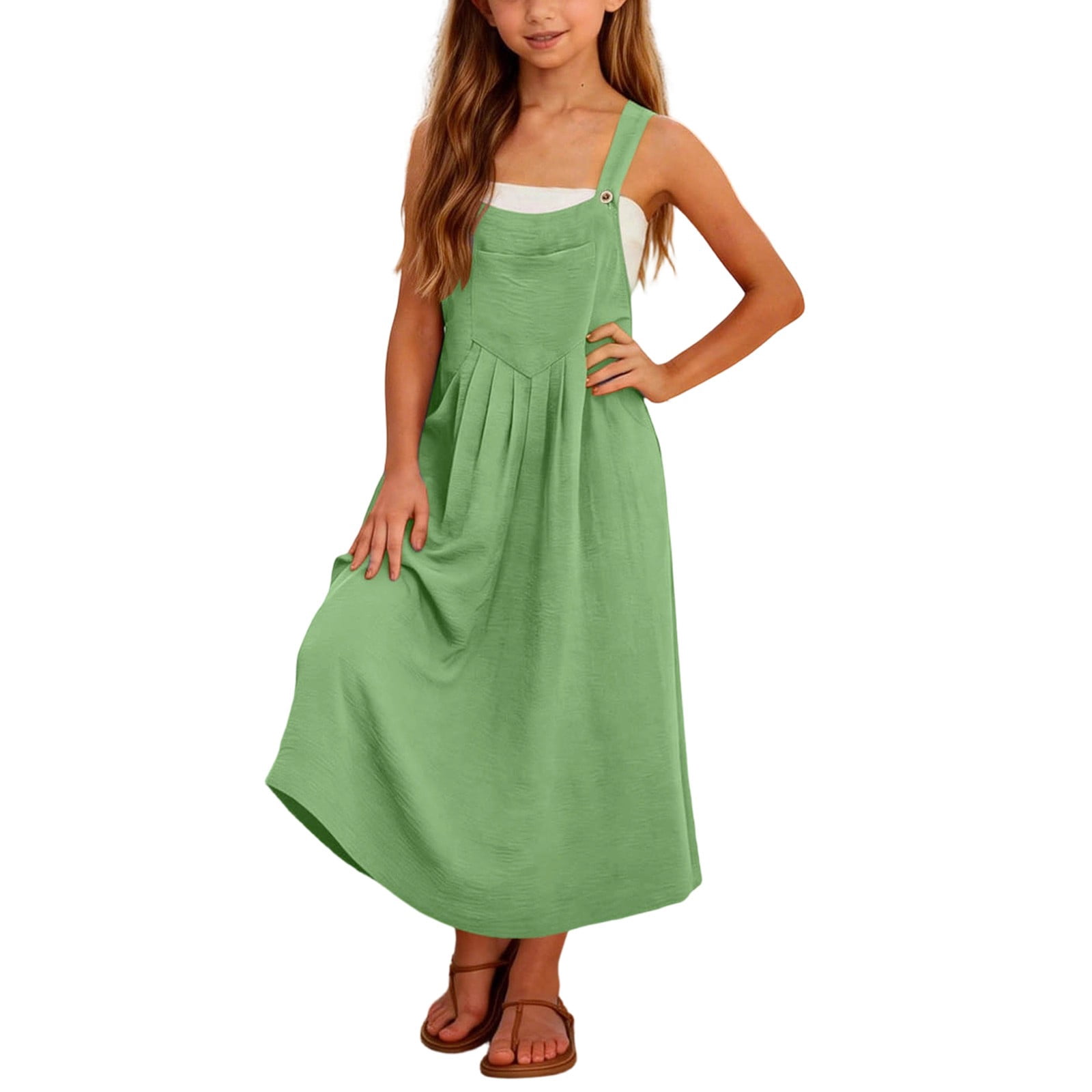 Angala Toddler Girls Dresses Square Neck Long Dresses Sleeveless Solid ...