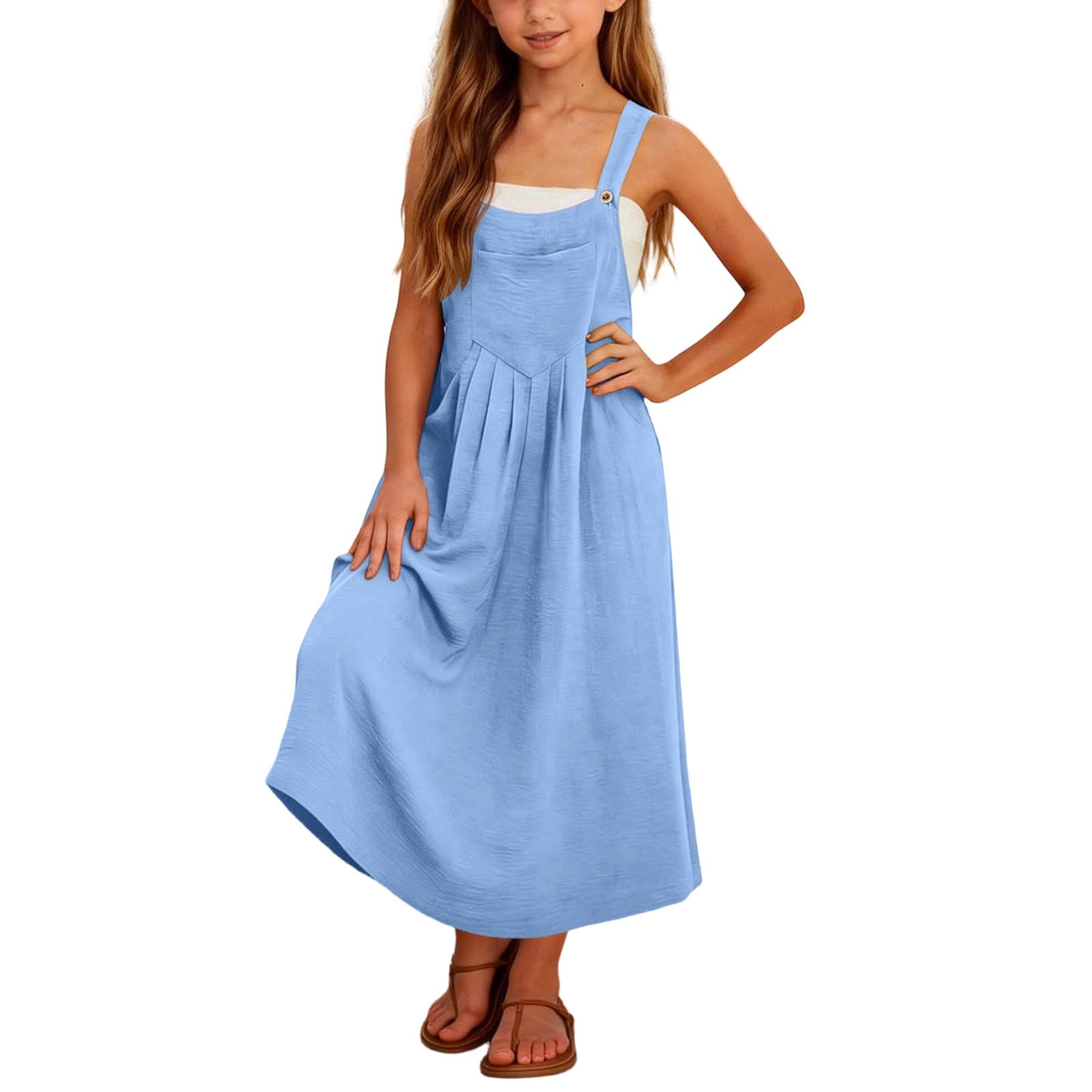 Angala Toddler Girls Dresses Square Neck Long Dresses Sleeveless Solid ...