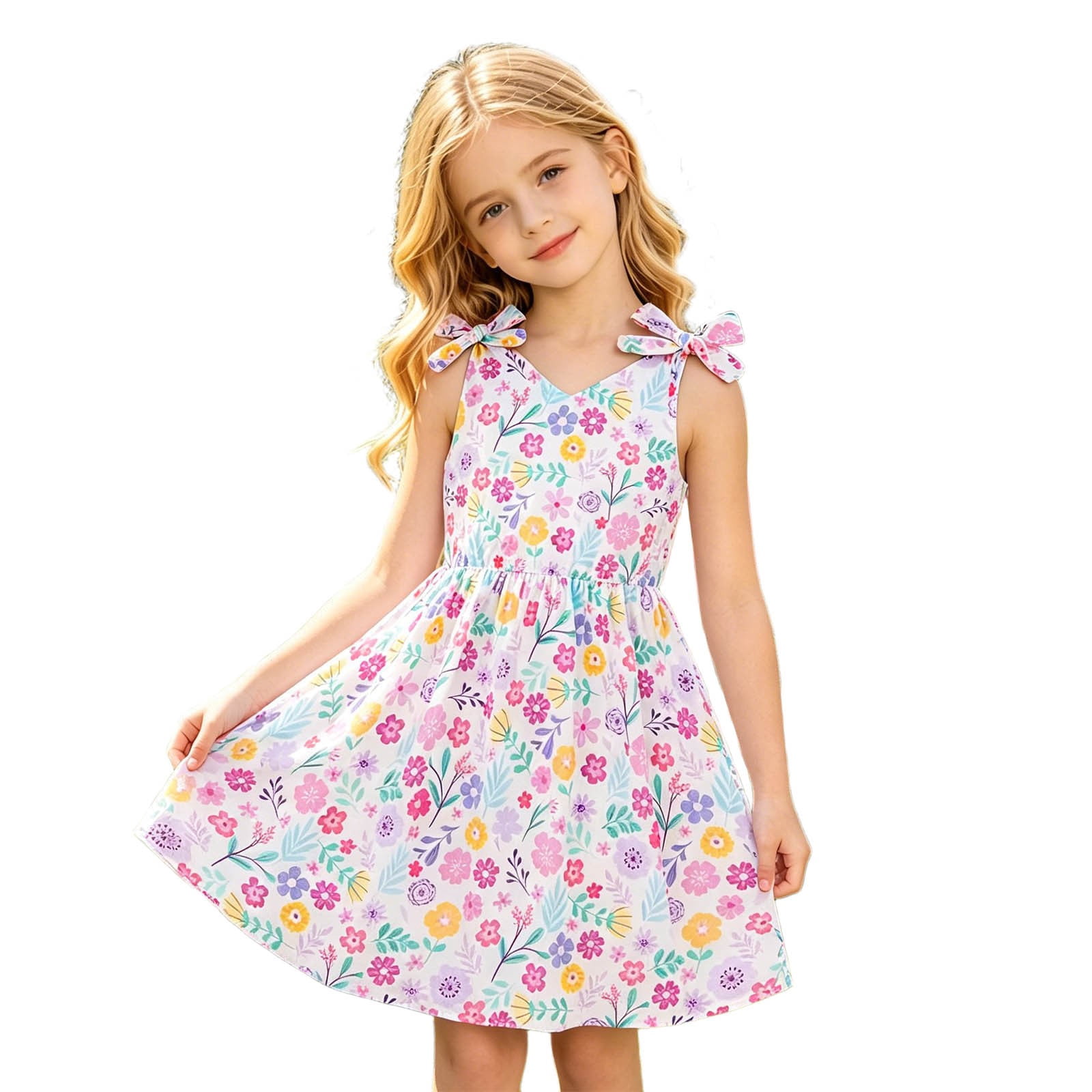 Angala Toddler Girls Dresses V Neck A Line Dresses Sleeveless Floral ...