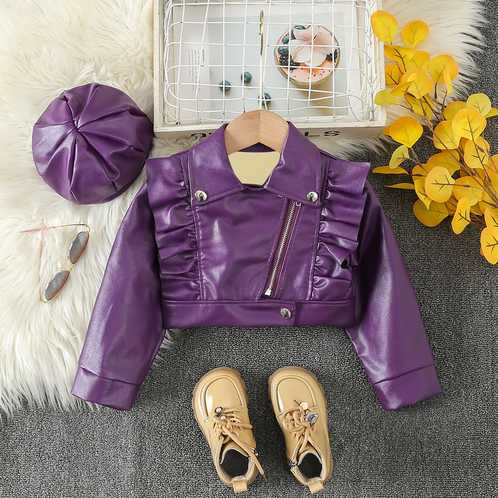 Angala Toddler Girls Faux Leather Motorcycle Jacket Cute Ruffle Spring ...