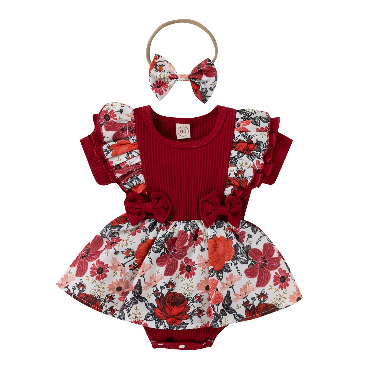 Angala Toddler Girls Onesie Short Sleeve Crew Neck Floral Print Bowknot ...