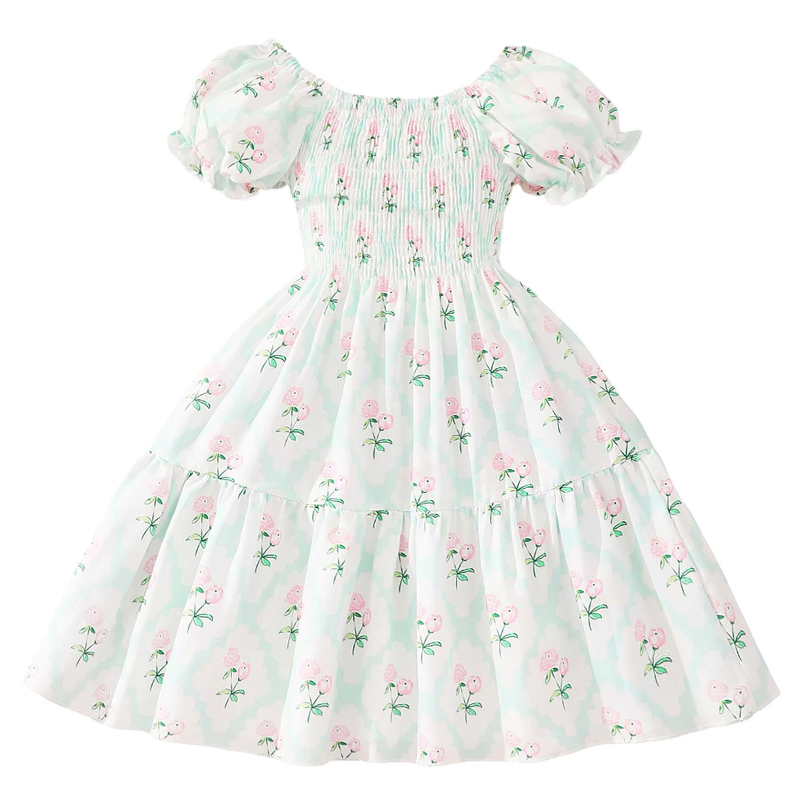 Angala Toddler Girls' Smocked Floral Dress Short Sleeve Princess Dress ...