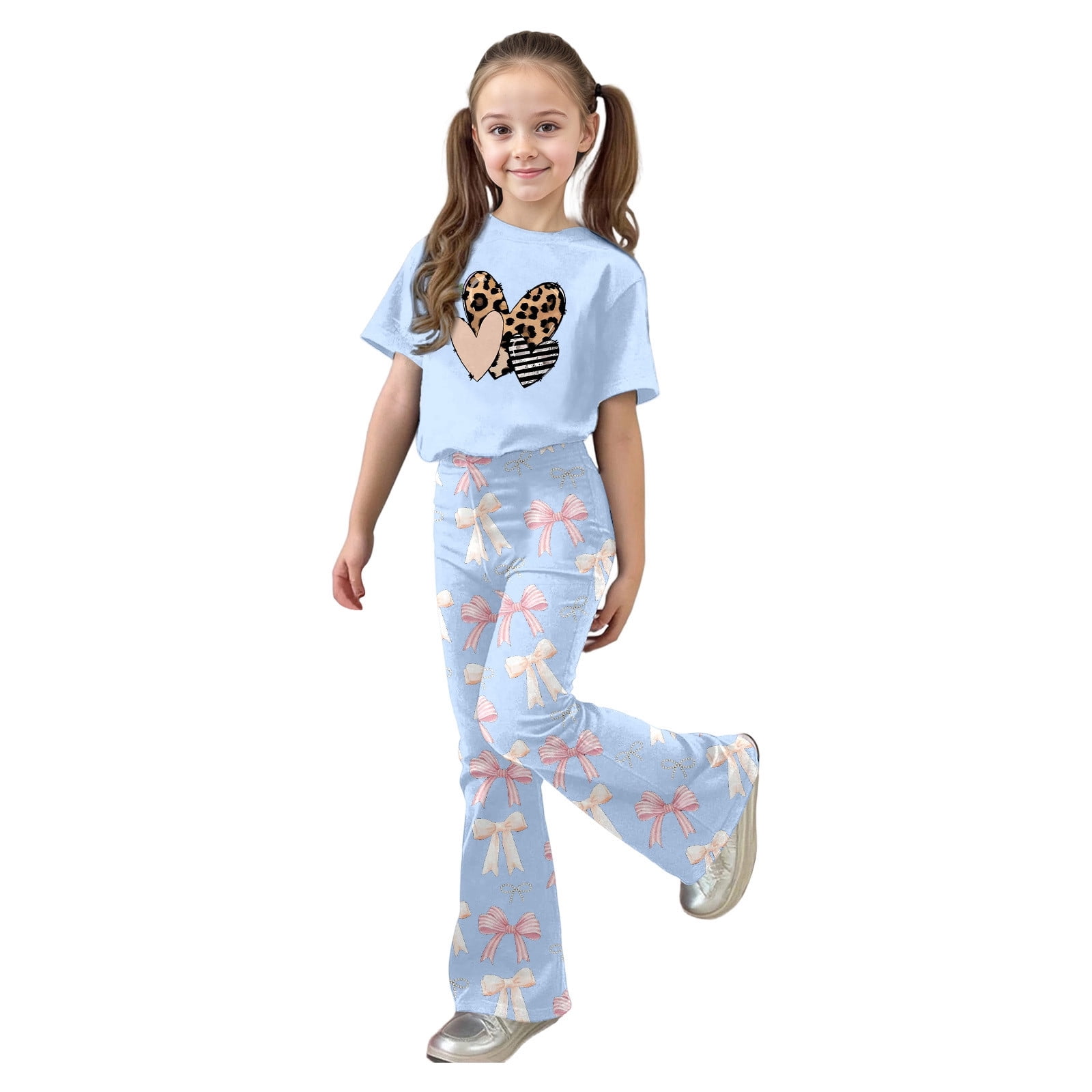 Angala Valentine's Day Girls Outfit Cute Bow Heart Print Short Sleeve ...