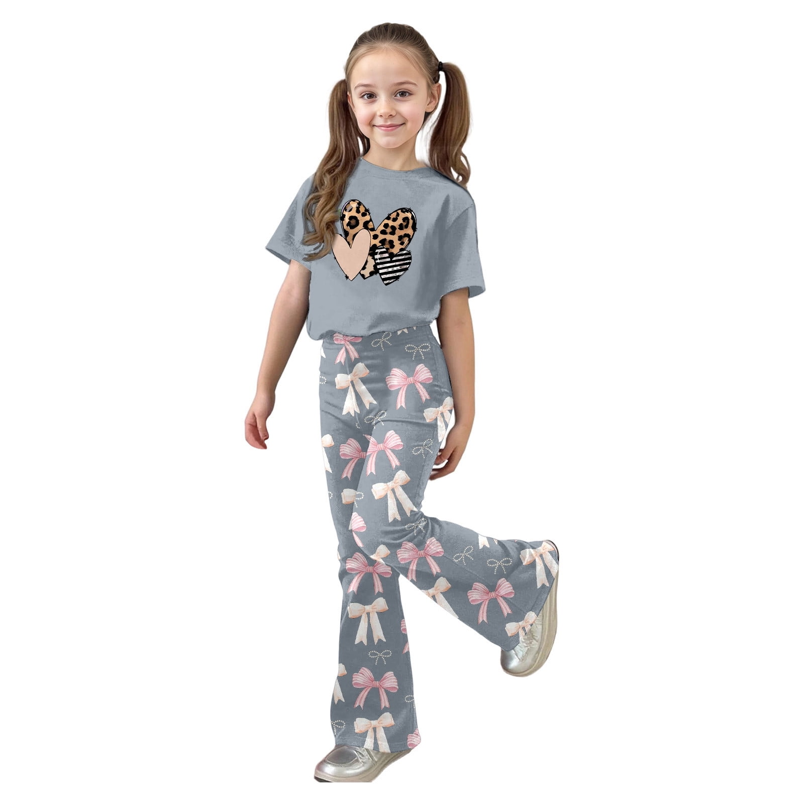 Angala Valentine's Day Girls Outfit Cute Bow Heart Print Short Sleeve ...