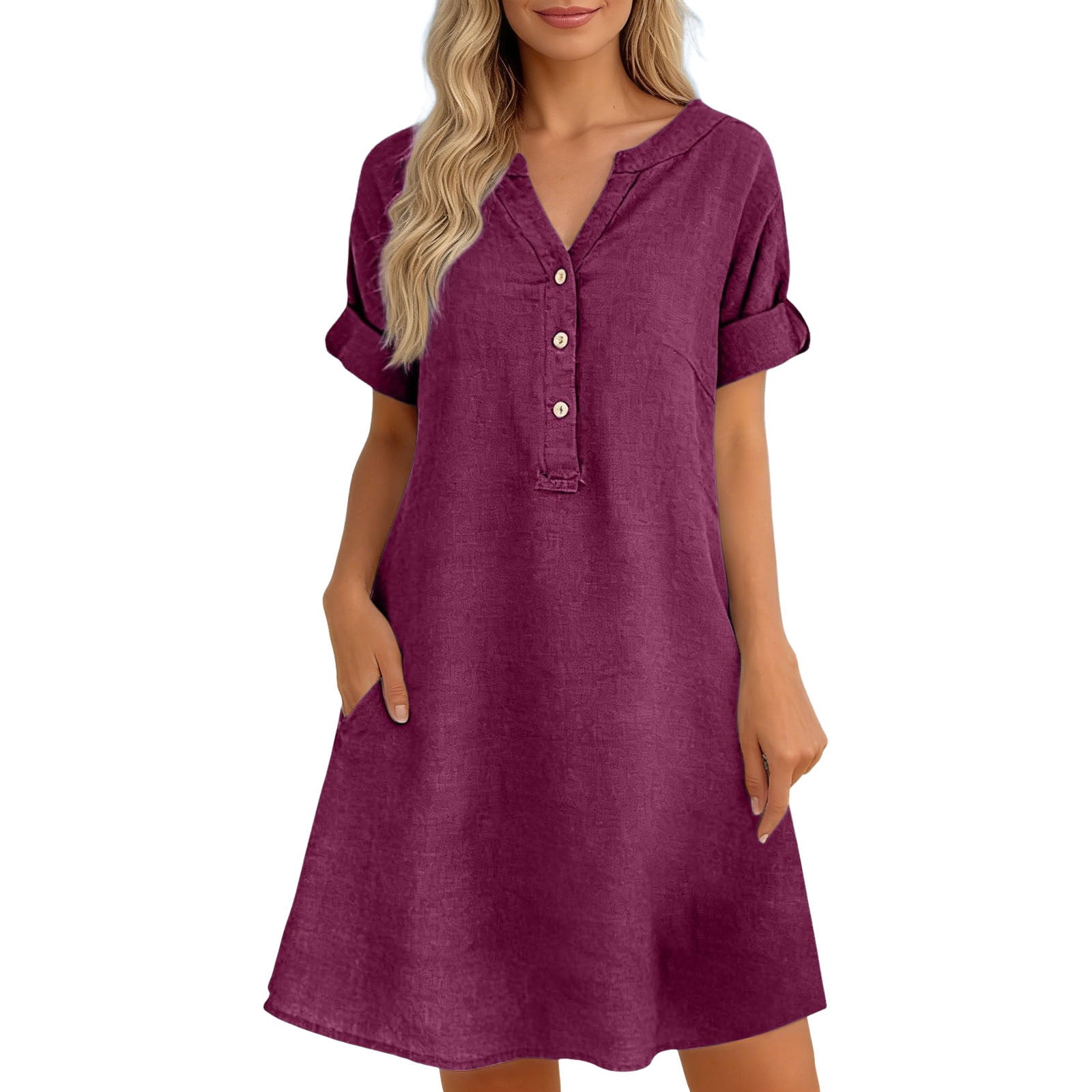 Angala Women Dresses Summer V Neck A Line Midi Dresses Solid Short ...