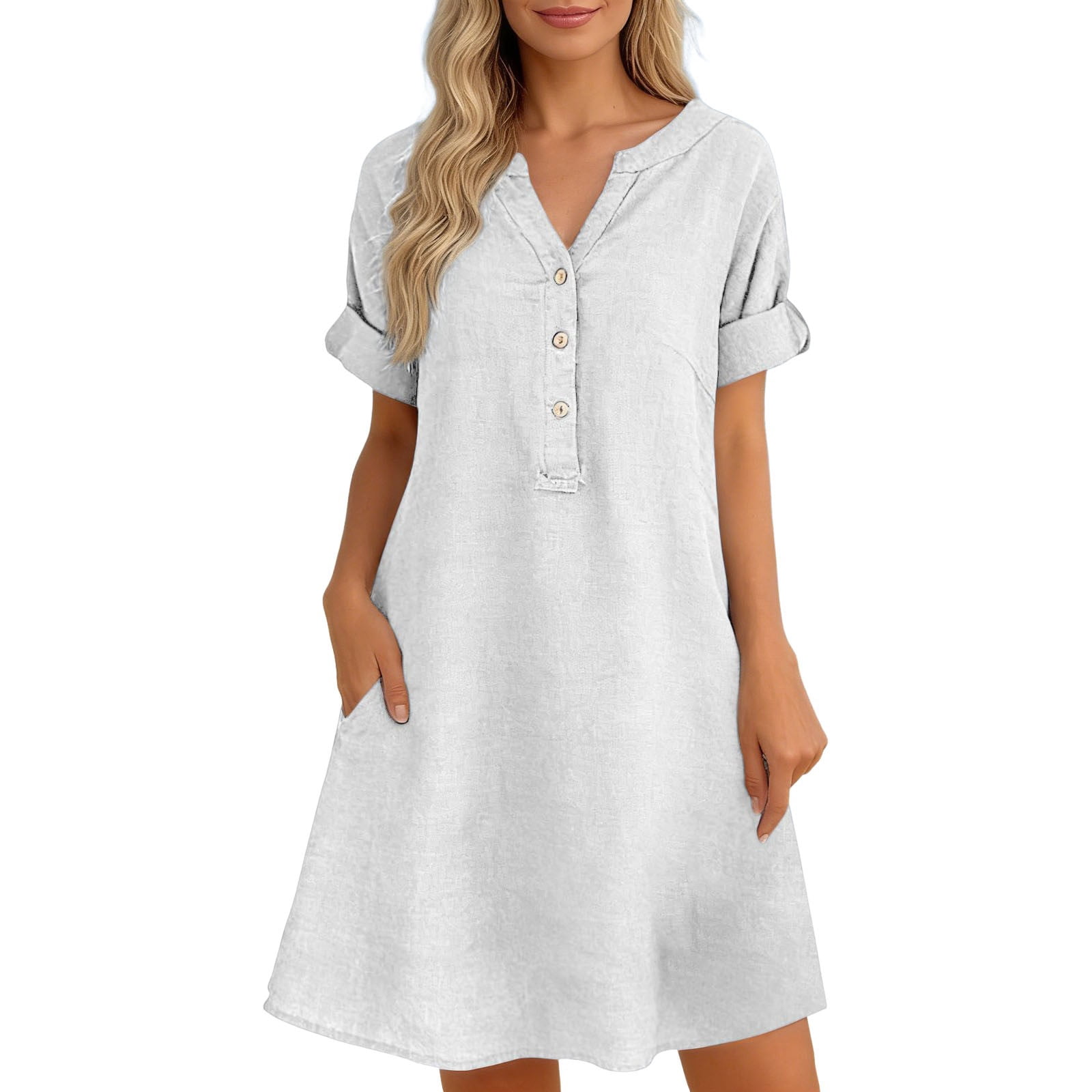 Angala Women Dresses Summer V Neck A Line Midi Dresses Solid Short ...