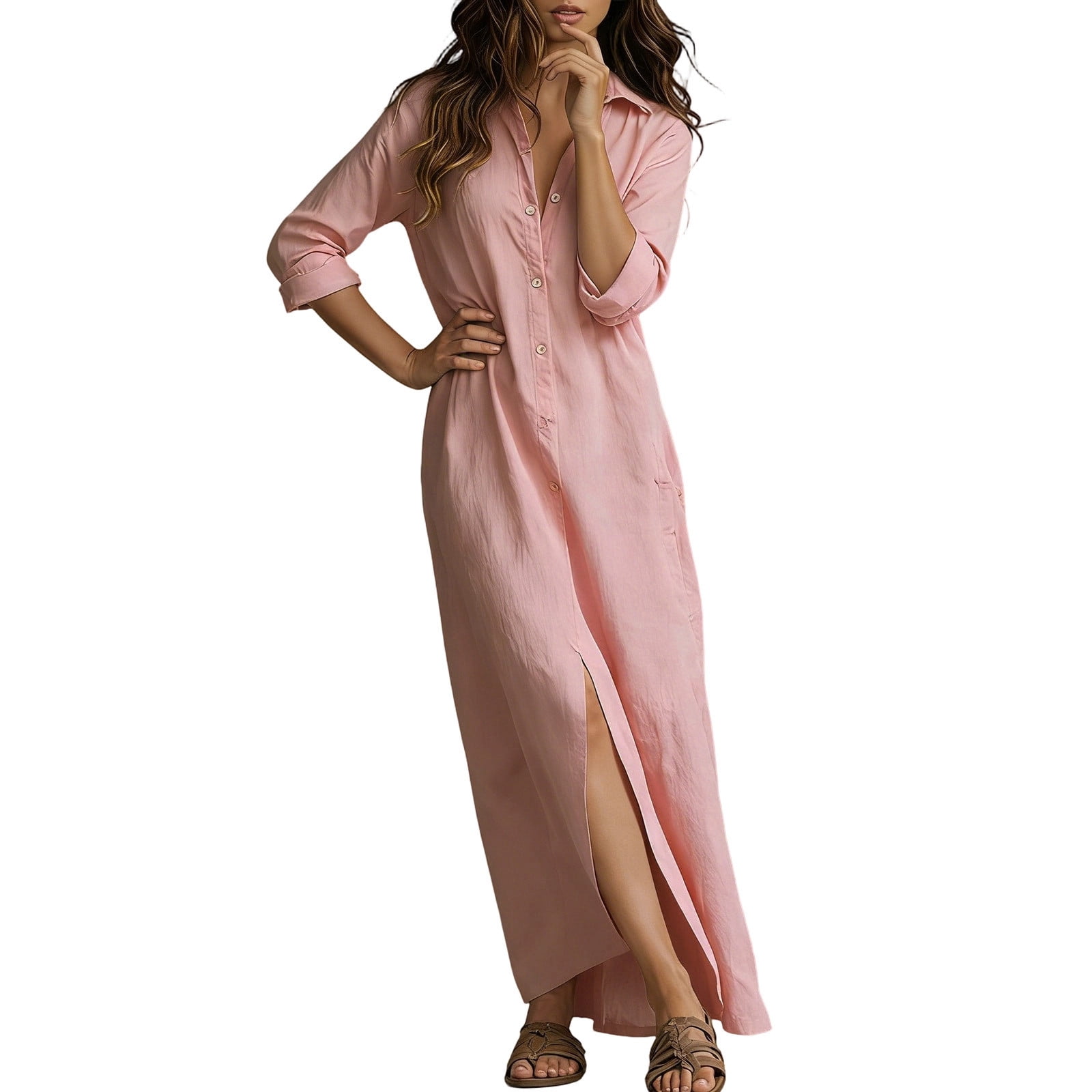 Angala Women Dresses V Neck A Line Maxi Dresses Solid Long Sleeve Slit ...