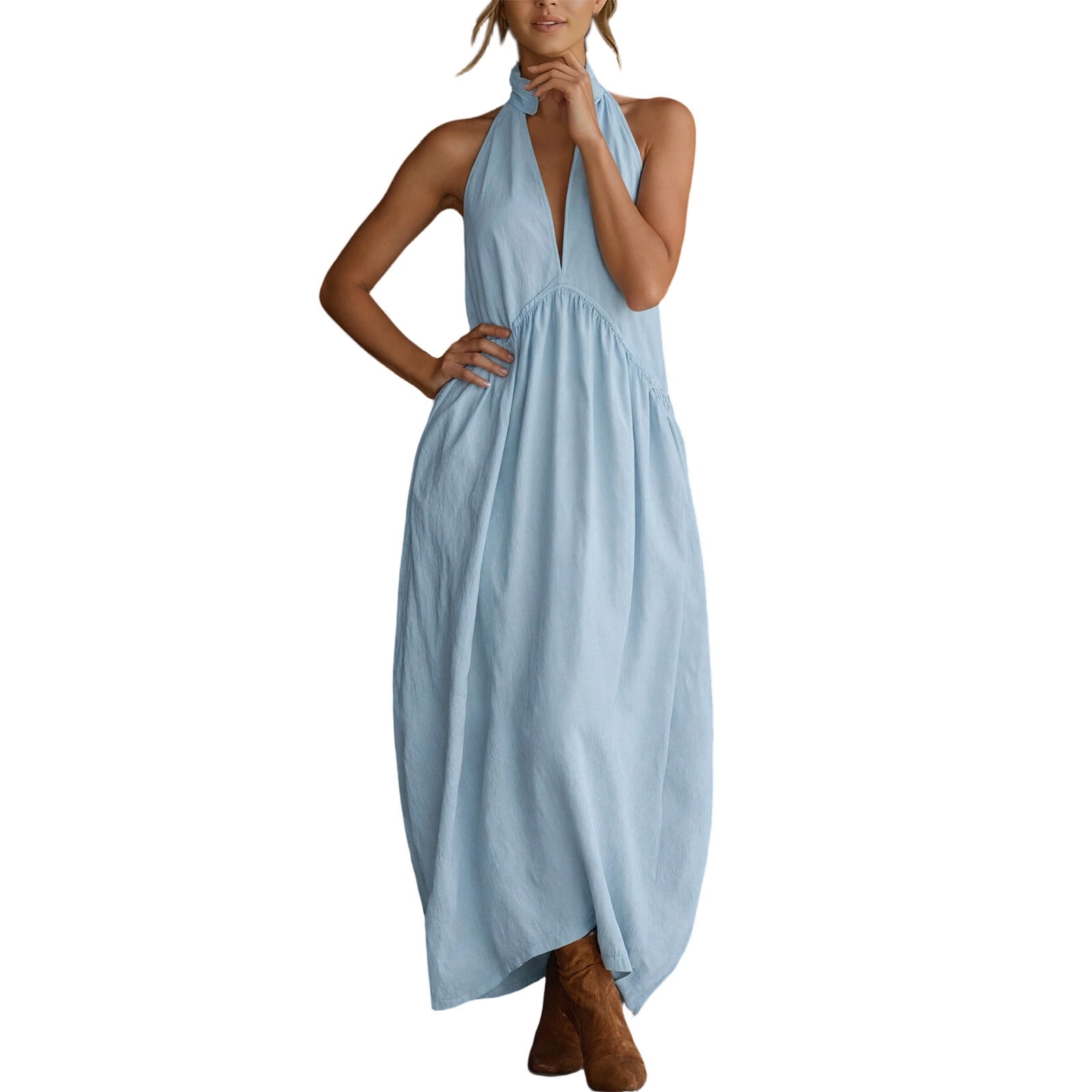 Angala Women Dresses V Neck A Line Maxi Dresses Solid Sleeveless ...