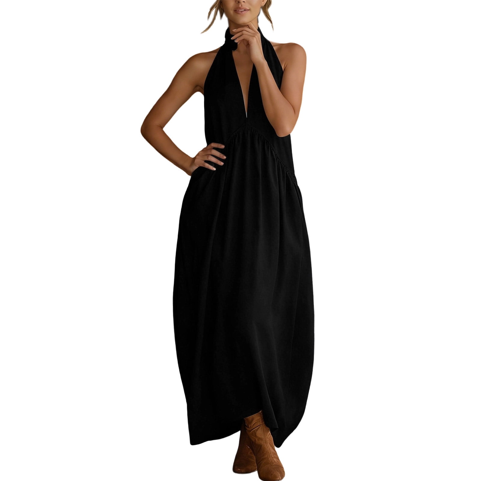 Angala Women Dresses V Neck A Line Maxi Dresses Solid Sleeveless ...