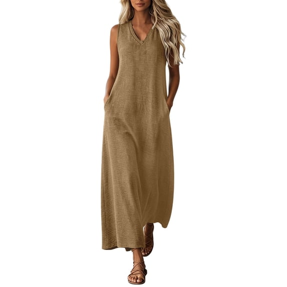 Angala Women Dresses V Neck A Line Maxi Dresses Solid Sleeveless Loose ...