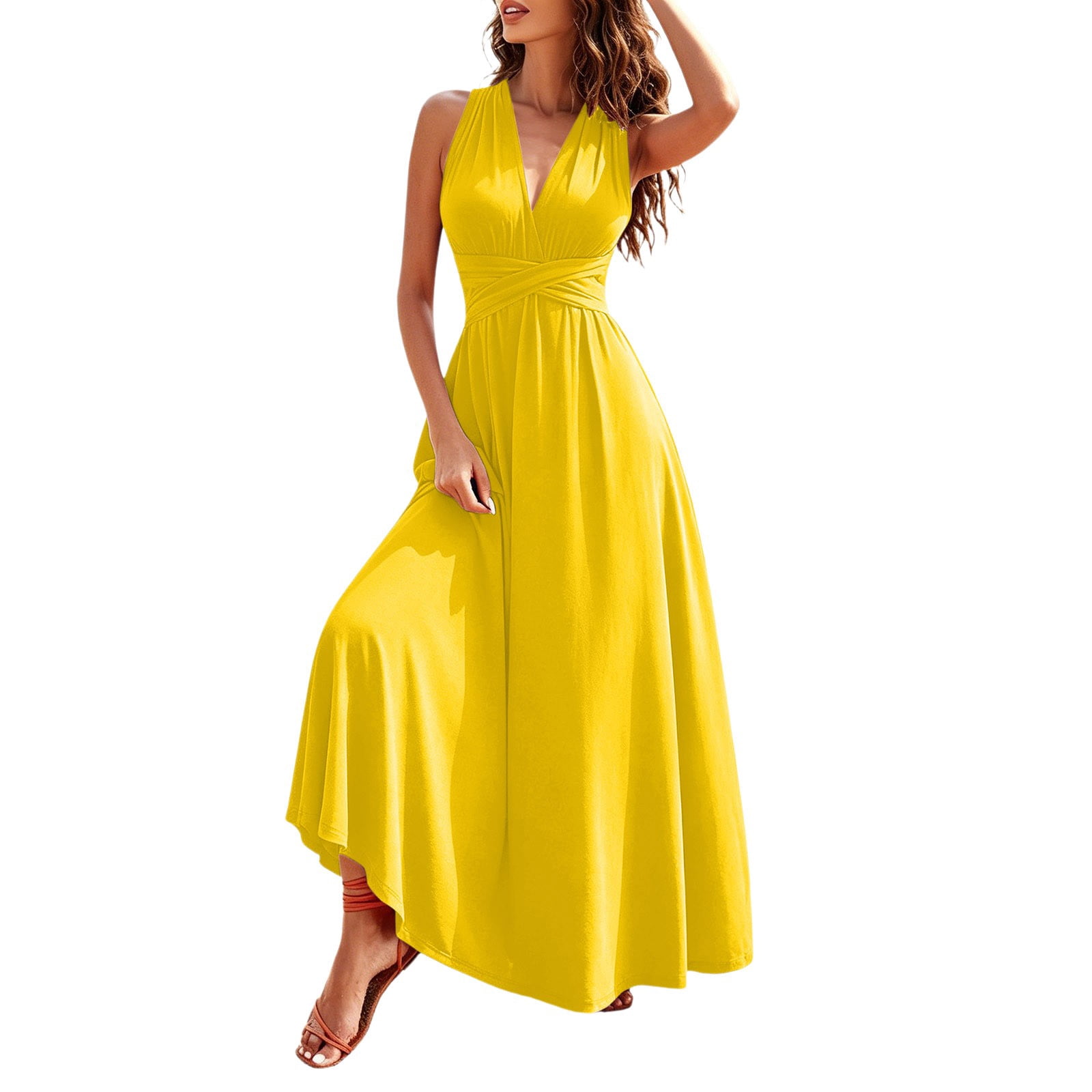 Angala Women Dresses V Neck Evening Gown Maxi Dresses Solid Sleeveless ...